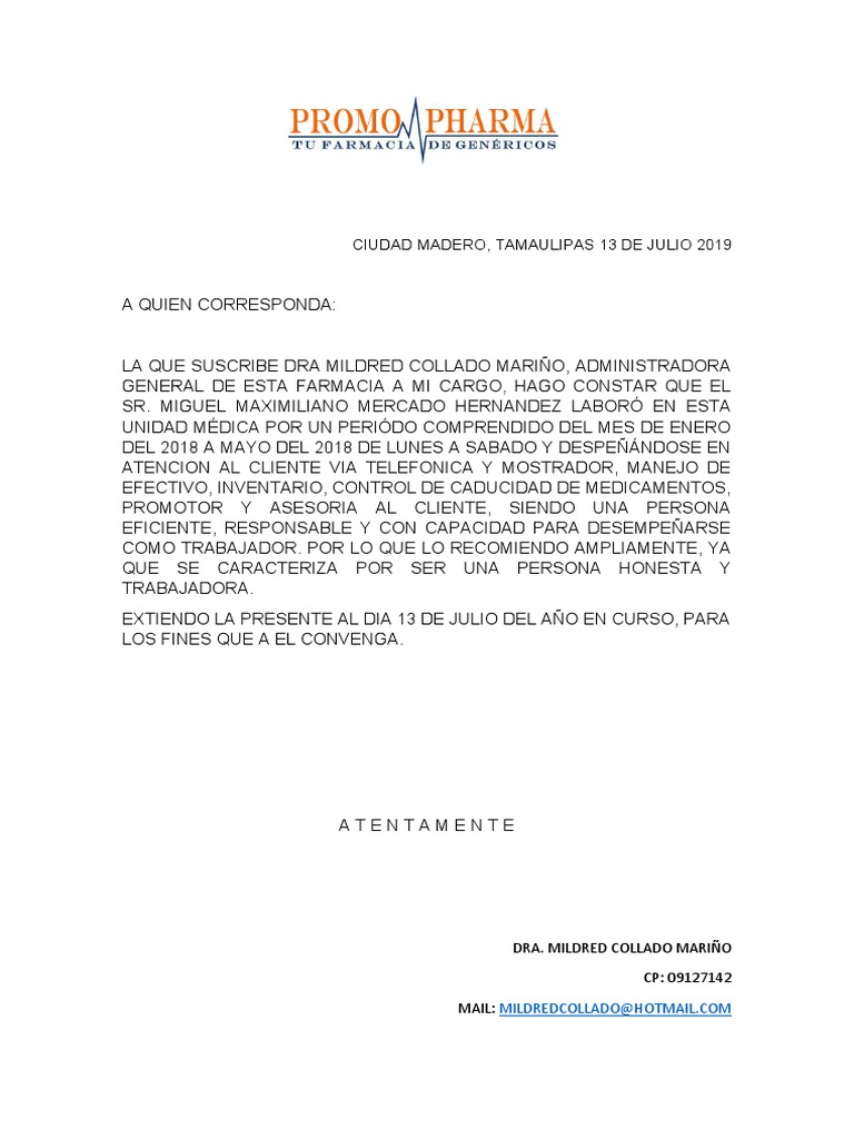 Carta De Recomendacion Promopharma Pdf