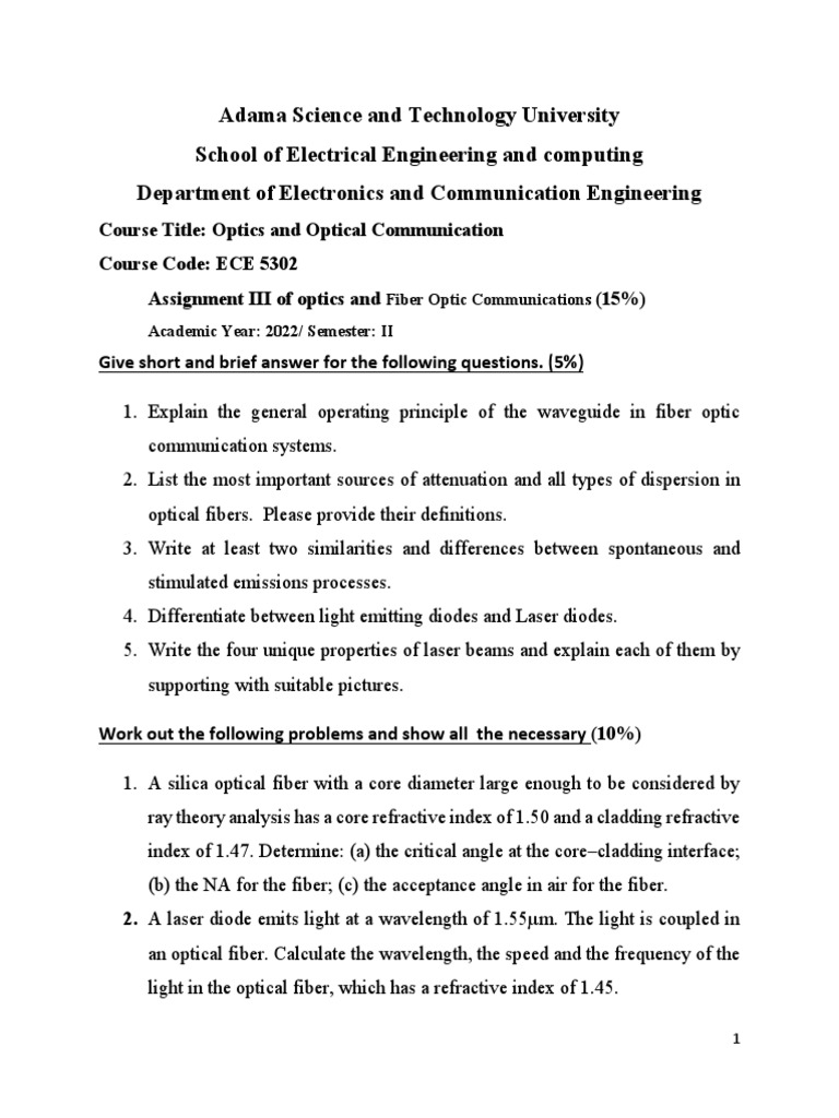 Assignment For Optical Communications Pdf Fiber Optic Communication