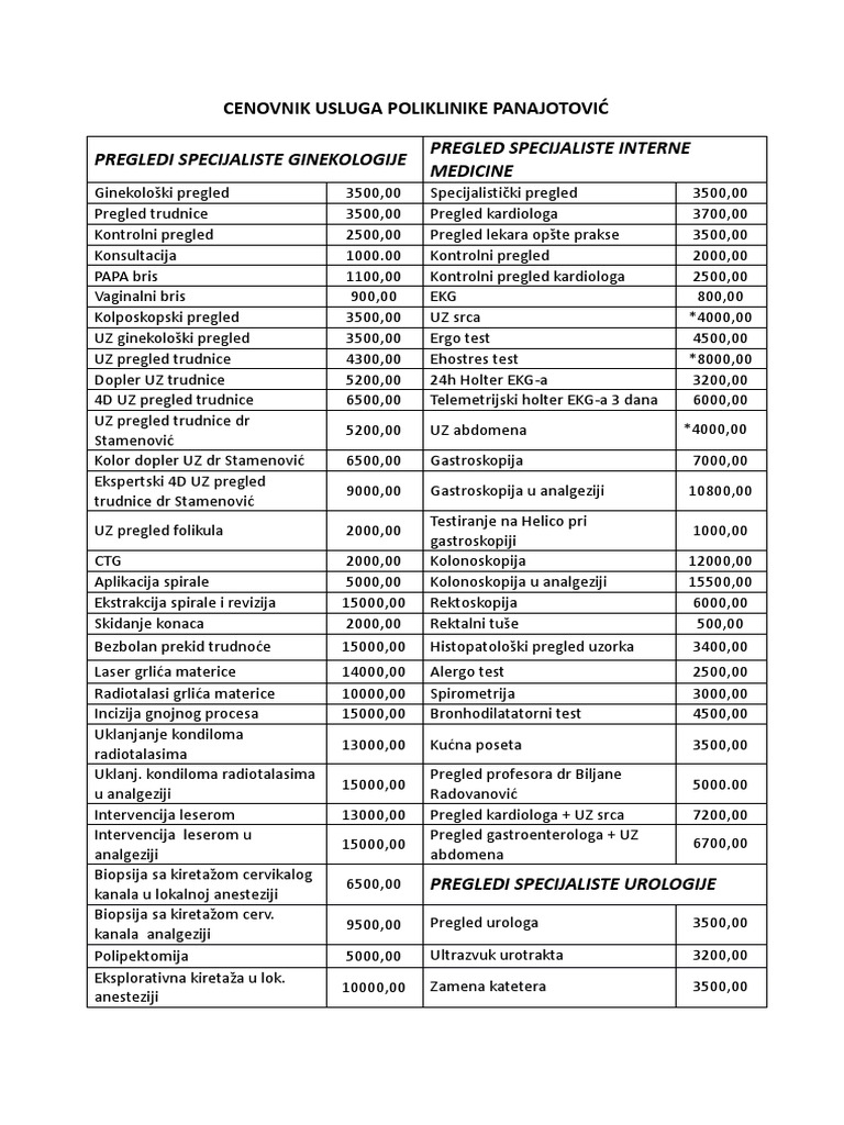 Cenovnik Usluga Poliklinike Panajotovic 2023 | PDF