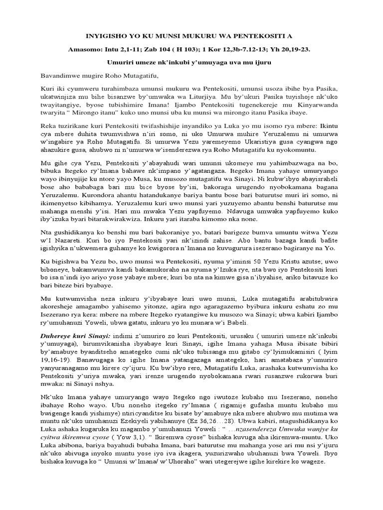 Inyigisho Yo Ku Munsi Mukuru Wa Pentekositi A | PDF
