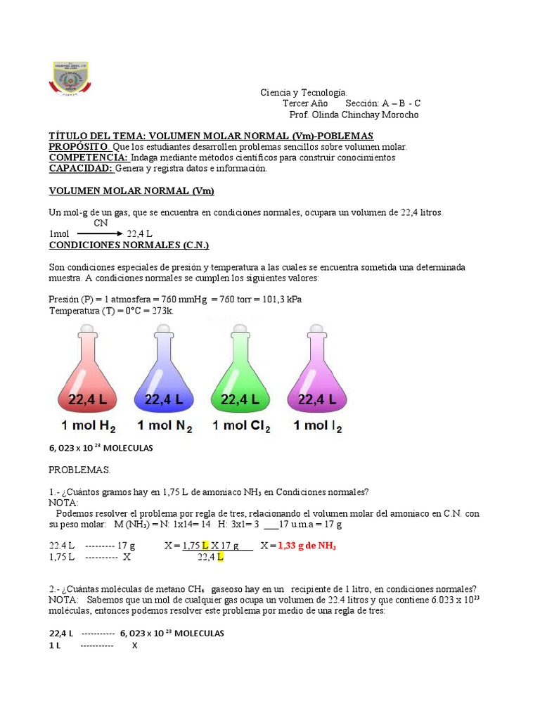 Problemas de Volumen Molar Normal. | PDF | Mole (Unidad) | Gases
