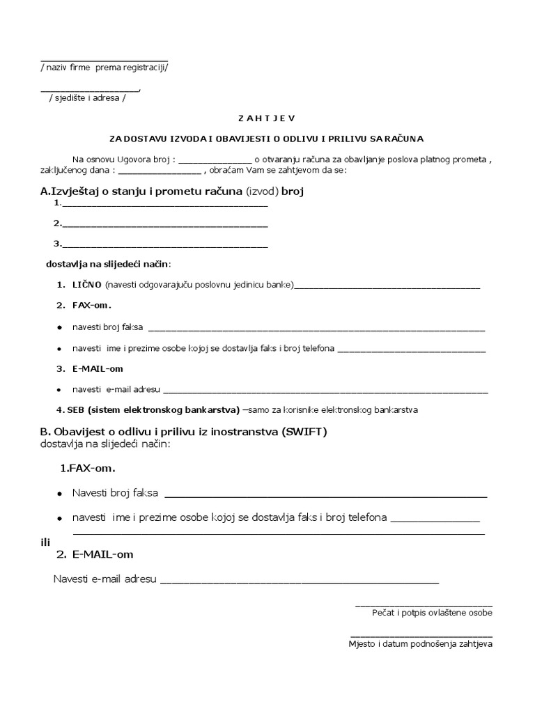 Zahtjev Za Izvode I Obavjesti | PDF