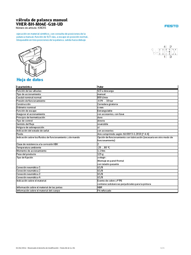 Válvula de Palanca Manual VHER-BH-M04E-G18-UD | PDF | Neumática ...