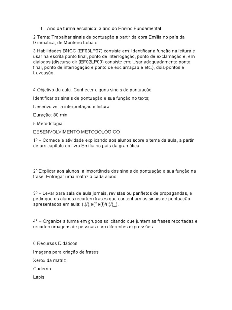 Plano de Aula Sinais de Pontuação | PDF | Imagem | Escrita
