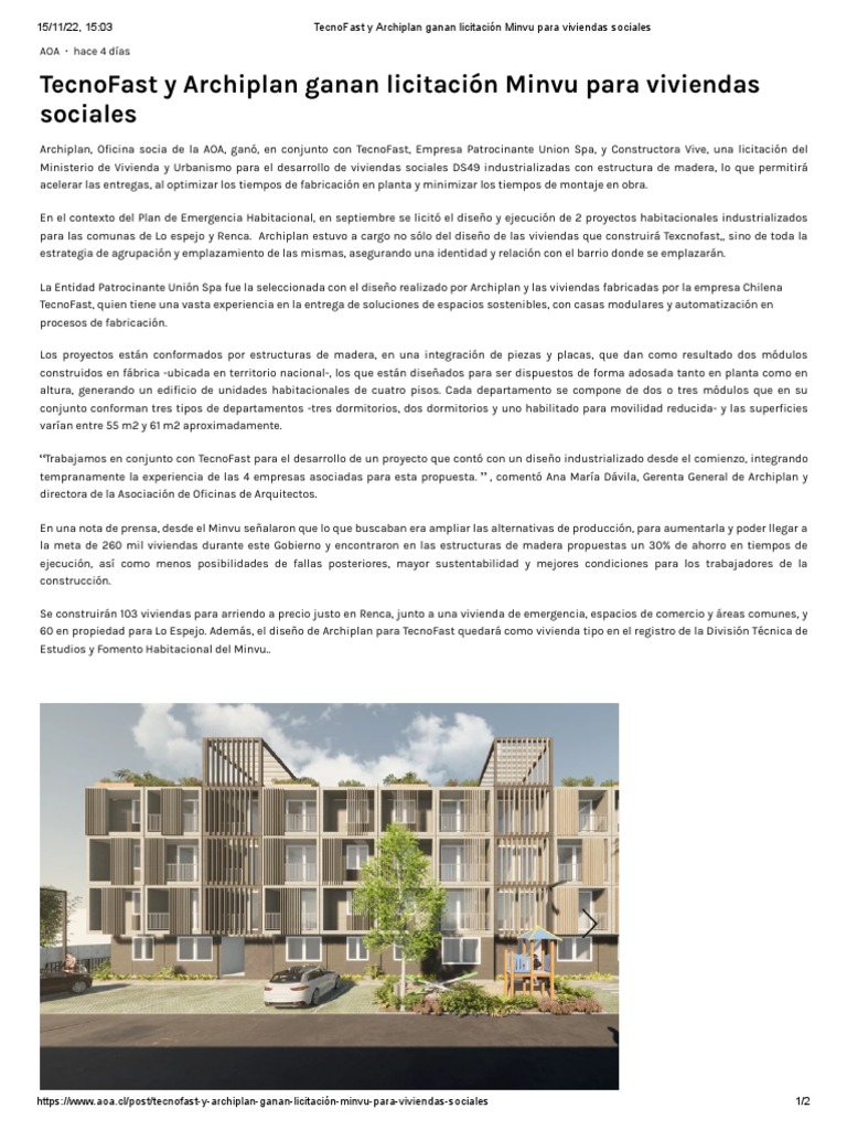 TecnoFast y Archiplan Ganan Licitaci N Minvu para Viviendas Sociales | PDF | Vivienda pública