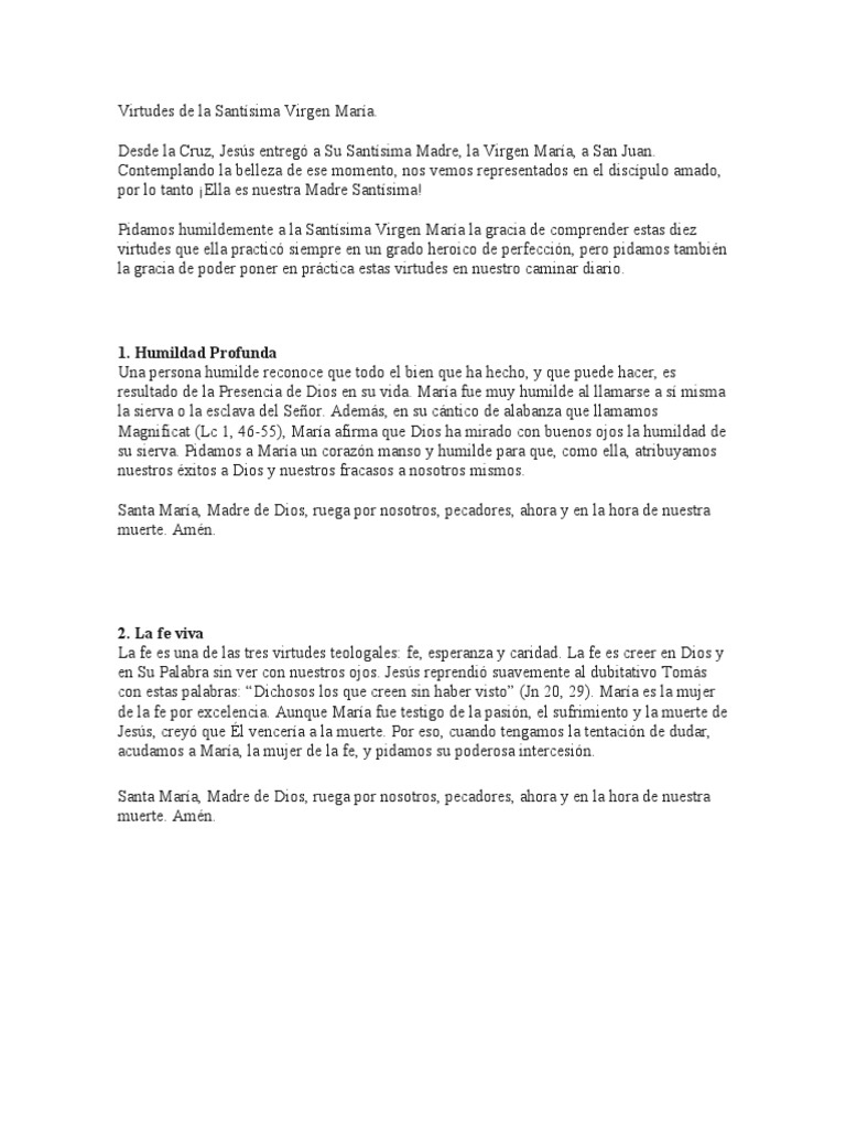 Virtudes de La Santísima Virgen María | PDF | María, madre de Jesús | Oración
