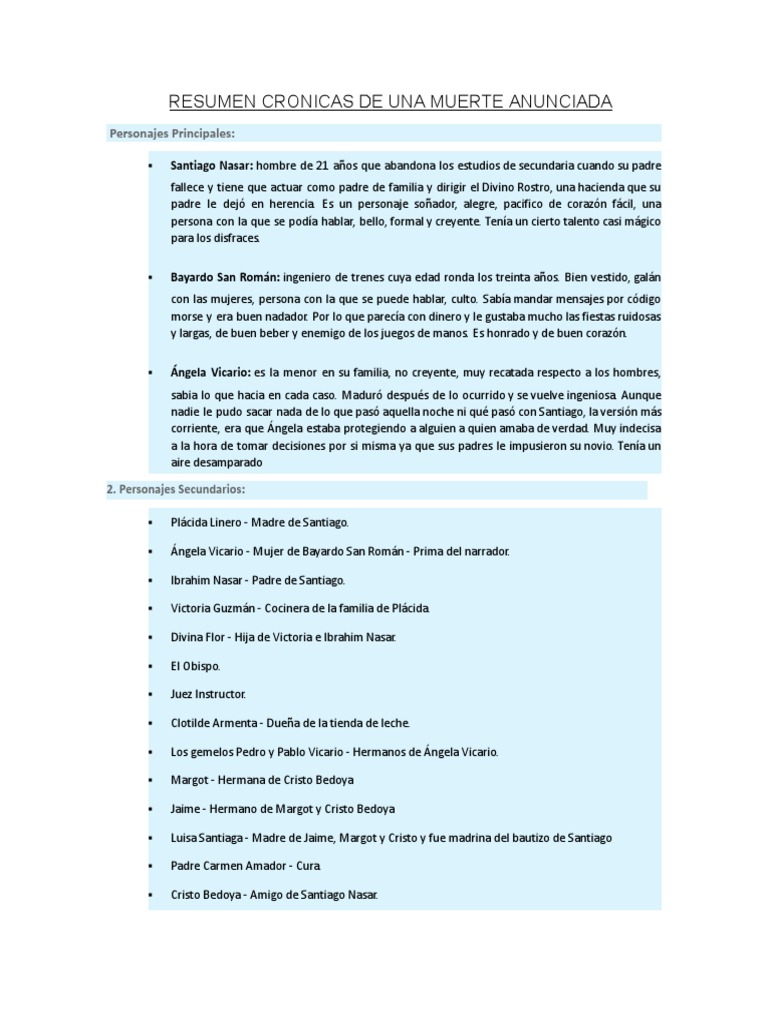 Resumen Cronicas de Una Muerte Anunciada | PDF | Narración | Novelas