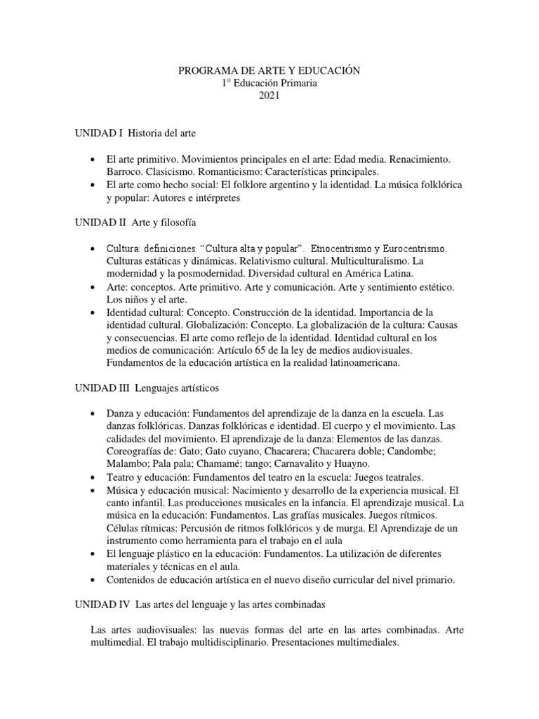 Programa de Arte y Educación 2021 | PDF | Bailes | Educación en artes ...