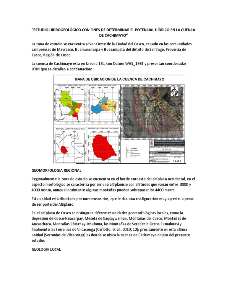 Estudio Hidrogeológico Con Fines de Determinar El Potencial Hídrico en La Cuenca de Cachimayo ...