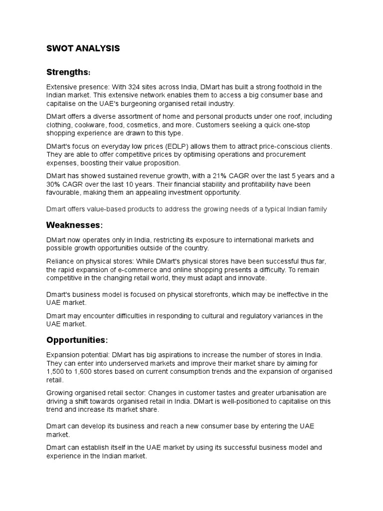 DMart SWOT Analysis Overview | PDF | Retail | Online Shopping