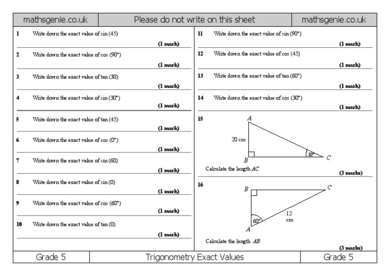 5 Exact Trig Values Ws | PDF | Trigonometry | Elementary Geometry