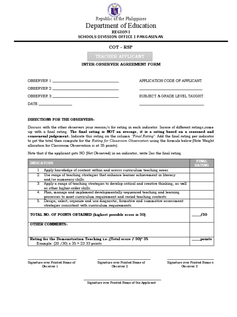Inter Observer Agreement Form | PDF | Curriculum | Educational Assessment