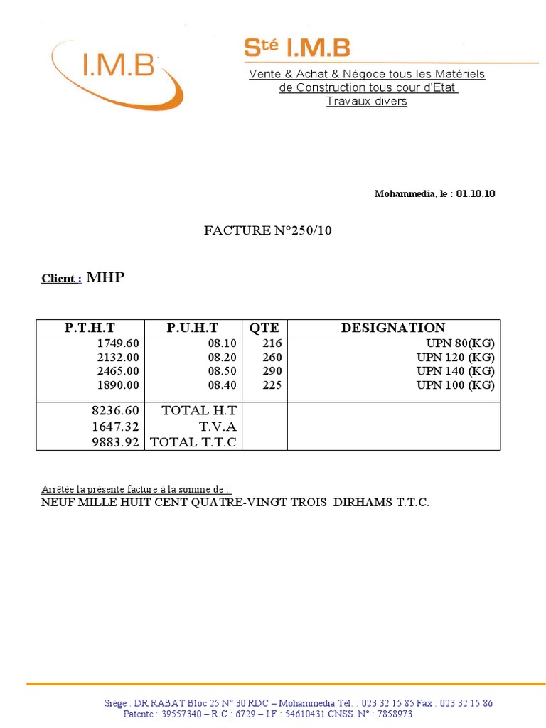 Facture N°250/10 - MHP Mohammedia | PDF