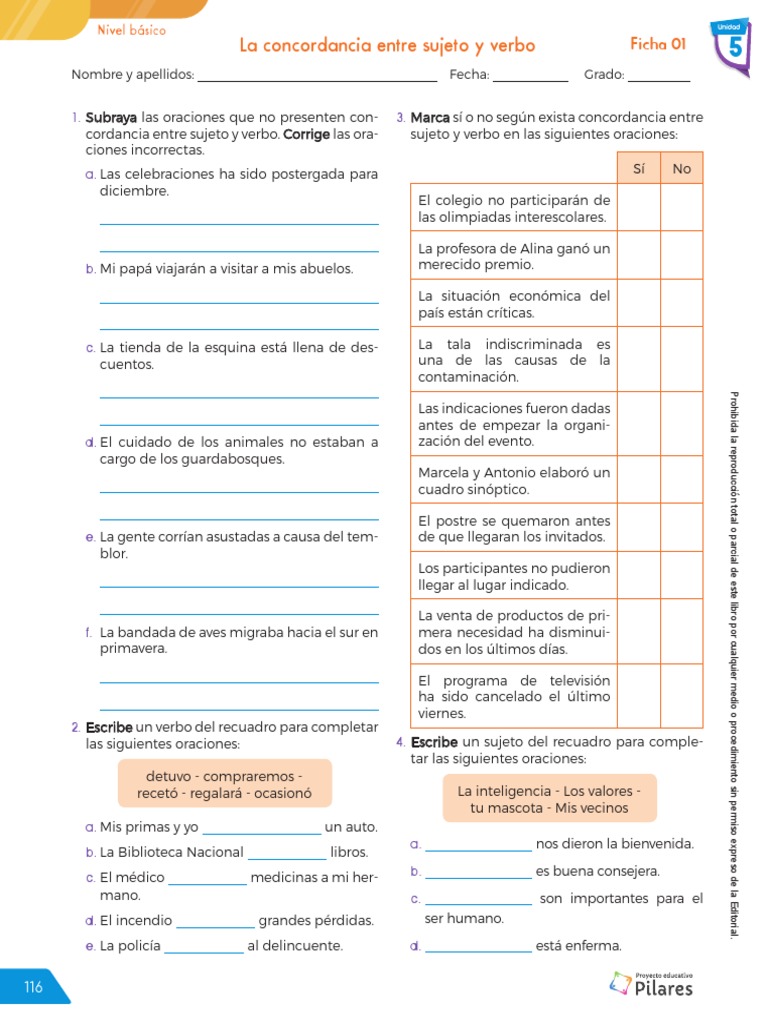 3 Coms2 U5 La Concordancia Entre Sujeto y Verbo Alumno | PDF | Verbo | Perú