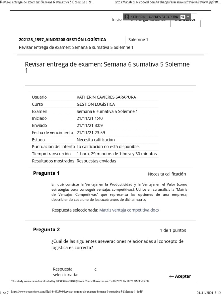 Entrega de Examen Semana 6 Sumativa 5 Solemne 1 ... 1 | PDF | Logística ... Entrega de Examen Semana 6 Sumativa 5 Solemne 1 ... 1 | PDF | Logística ...