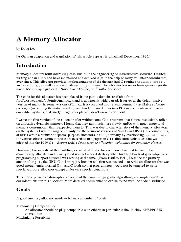 A Memory Allocator by Doug Lea | PDF | C++ | Computer Architecture