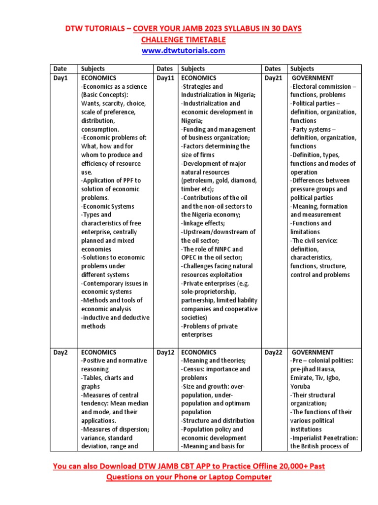 Govt Econ Math Eng Timetable - DTW Tutorials Jamb 2023 | PDF ...