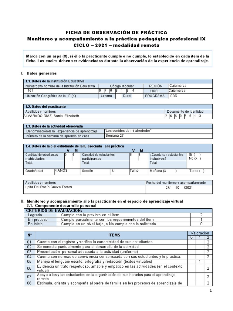 1.ficha Observación Práctica PARA LA PRACTICA PREPROFESIONAL EL NOVENO CICLO NUEVA | PDF ...