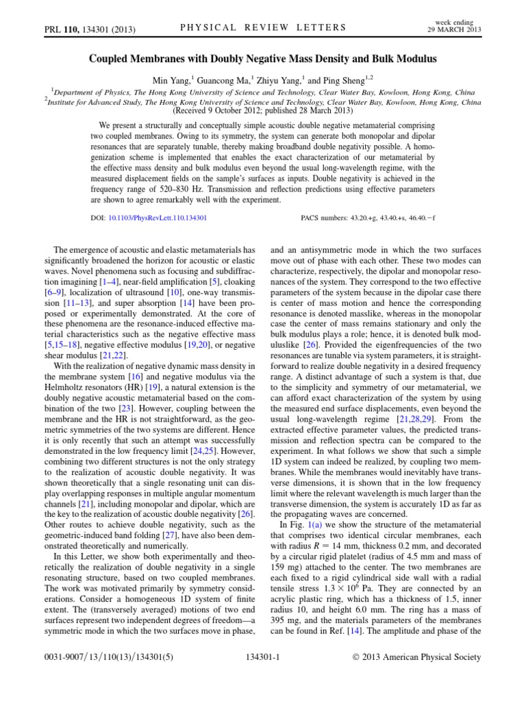 Coupled Membranes With Doubly Negative Mass Density and Bulk Modulus ...