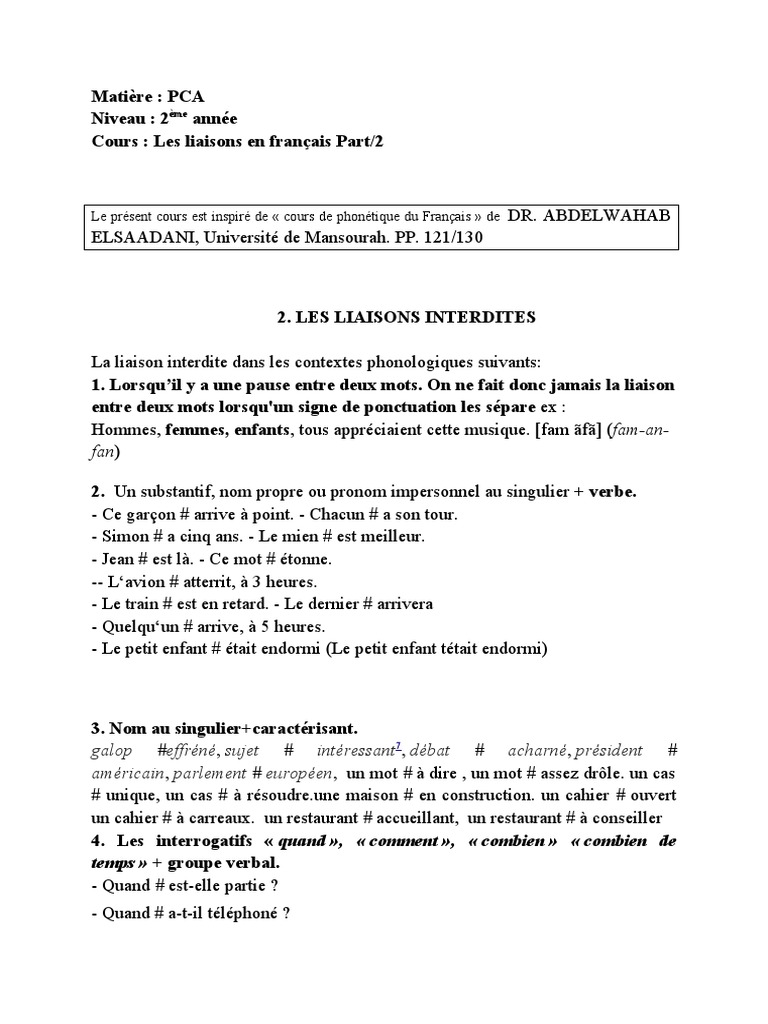 Liaisons en français : Obligatoires et facultatives | PDF ...