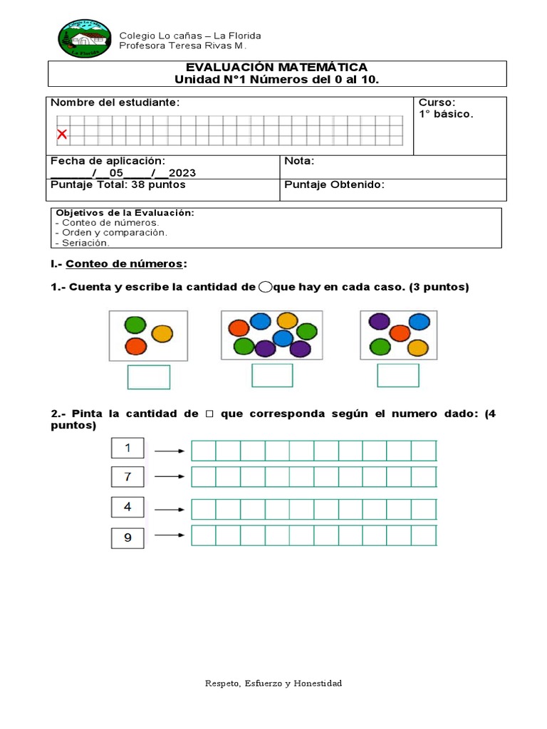 Evaluación Matemática 1° Básico: Números 0-10 | PDF