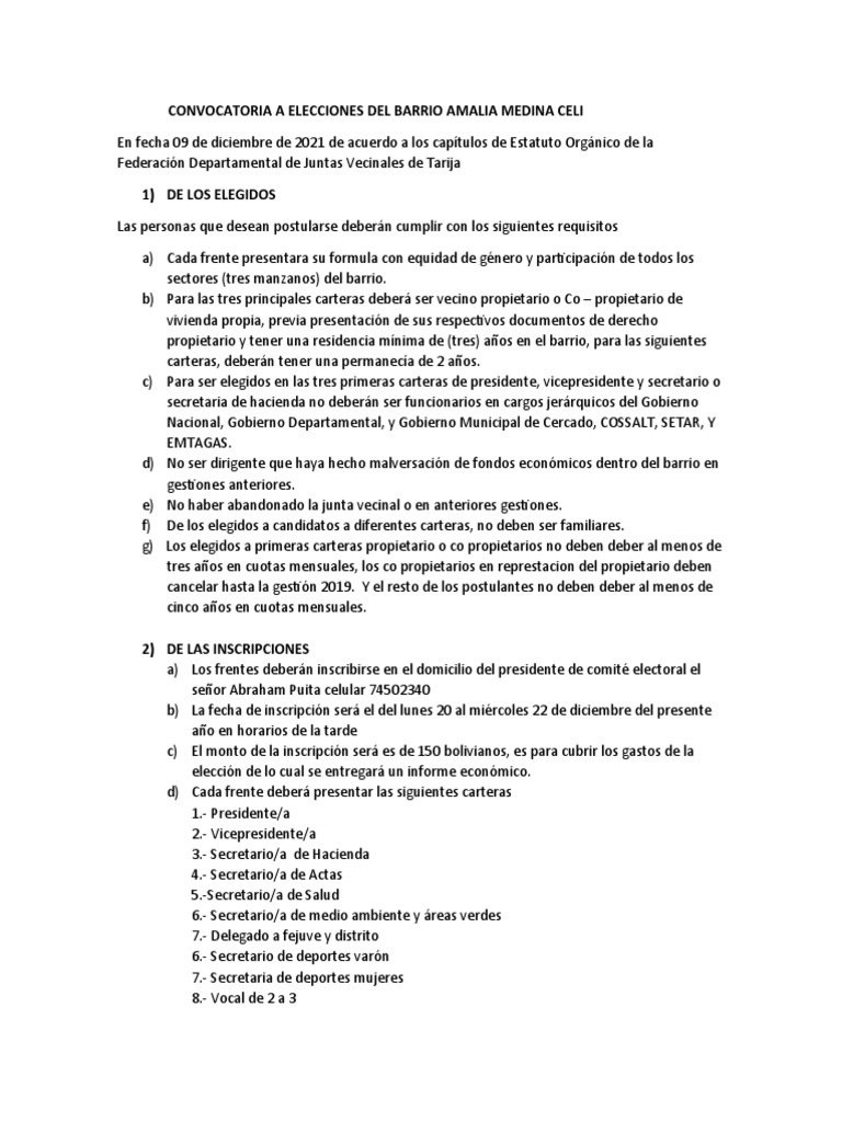 Convocatoria A Elecciones de Nuevo Directorio de Una Junta Vecinal | PDF | Responsabilidad ...