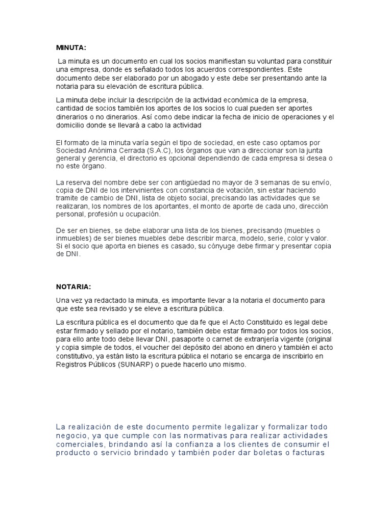 Minuta Notaria para Constitución de S.A.C. | PDF | Derecho