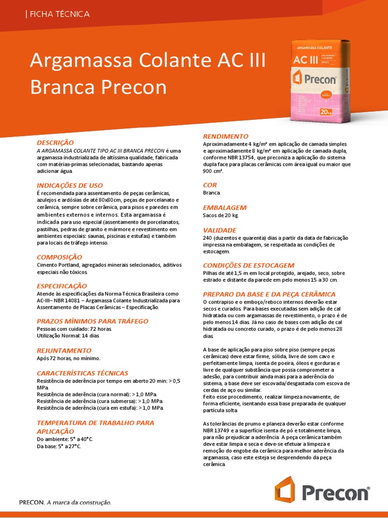 Ficha Tecnica - ACIII - Precon | PDF | Argamassa (alvenaria) | Materiais