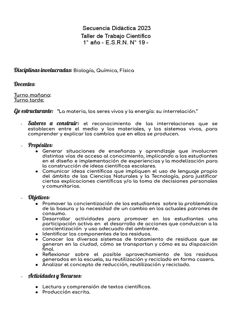 1 Ero-Secuencia Didáctica-1er Cuetrimestre - 2022 | PDF | Residuos | Reciclaje