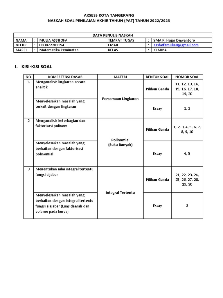 Matematika Peminatan XI PAT 2223 Kisi | PDF