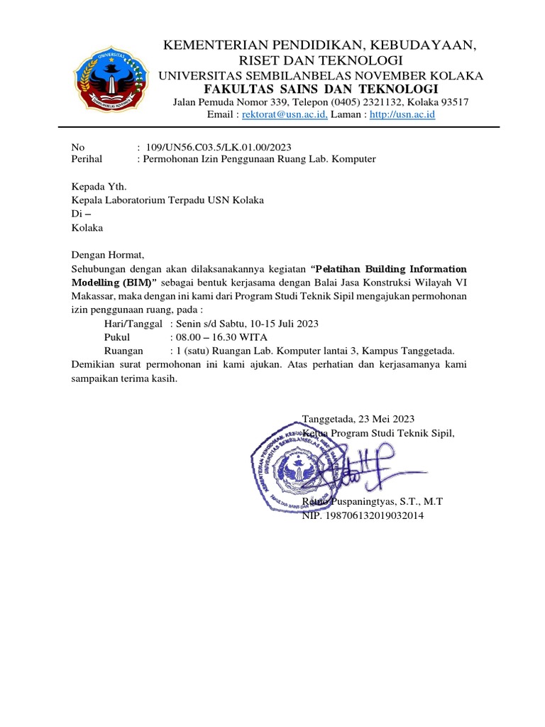 Surat Permohonan Izin Pemakaian Lab.kom | PDF