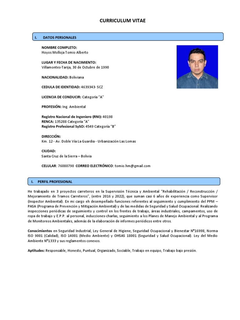 Curriculum Vitae de Ing. Ambiental Tomio Hoyos | PDF | Seguridad y ...