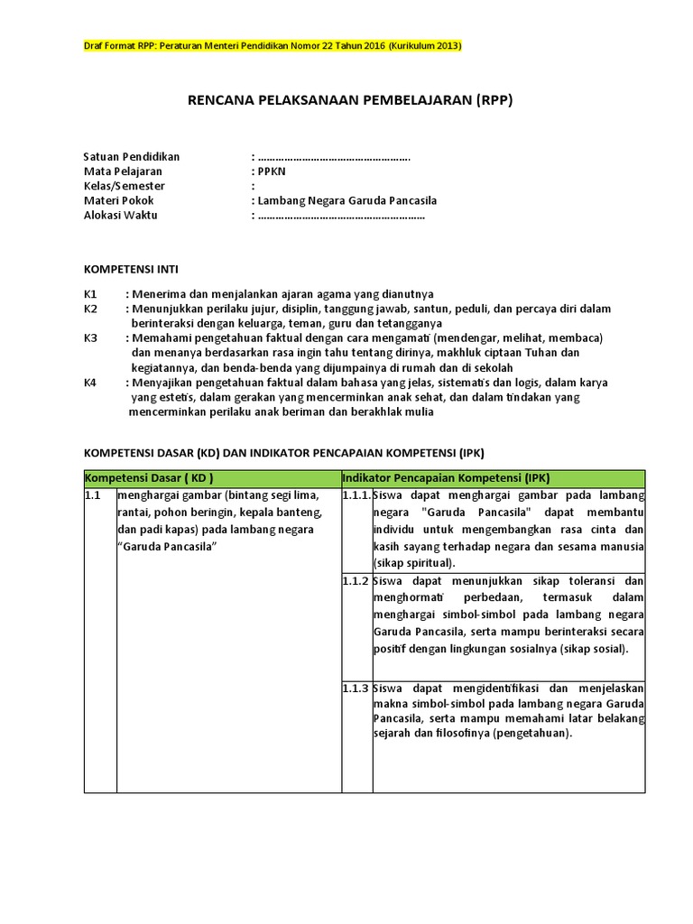 Rencana Pelaksanaan Pembelajaran (RPP) : Kompetensi Inti | PDF