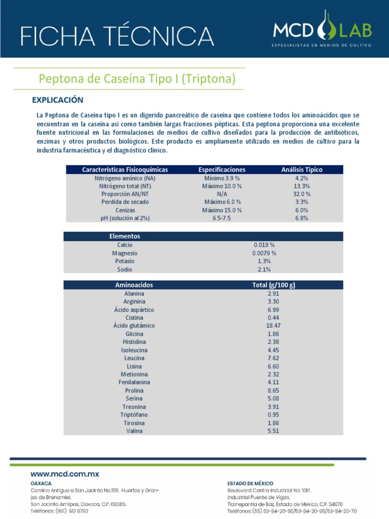 FT Peptona de Caseína Tipo I (Triptona) | PDF | Aminoácidos | Dieta y ...