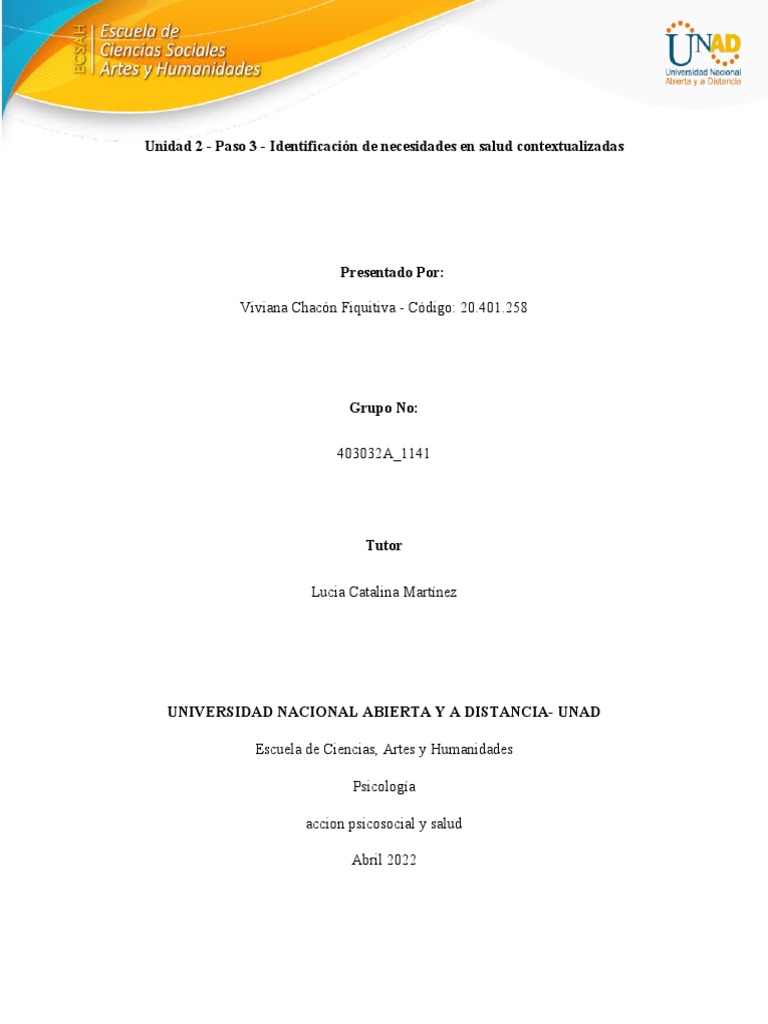 Grupal - Unidad 2 - Paso 3 - Identificación de Necesidades en Salud ...