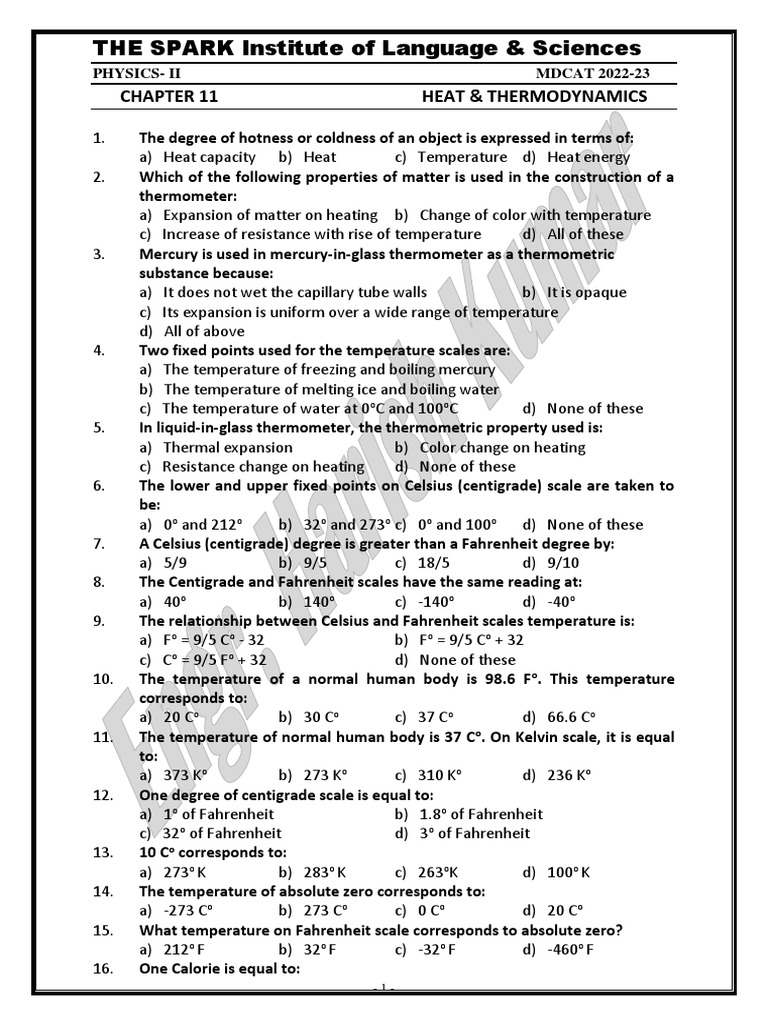 PHYSICS MCQS Complete XII | PDF | Gases | Temperature