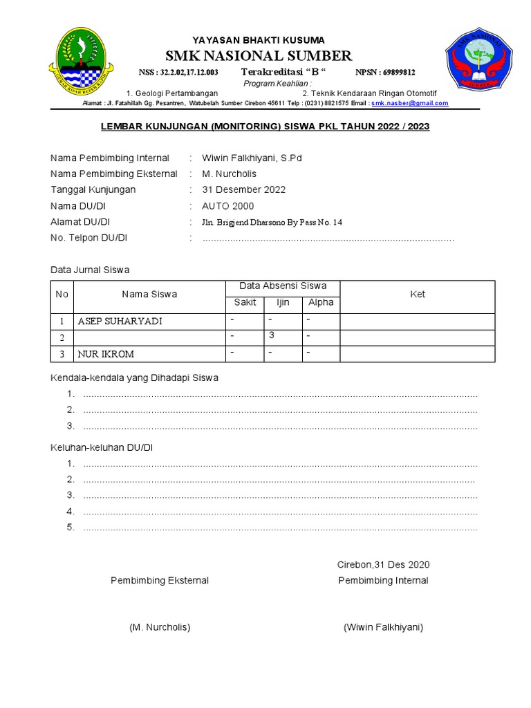 Lembar Monitoring PKL Siswa SMK 2022/2023 | PDF
