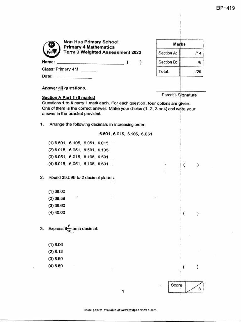 P4 Maths 2022 WA3 Nanhua | PDF