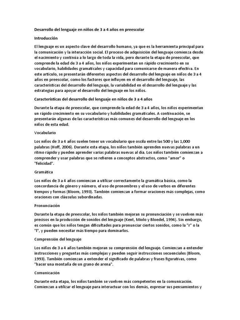 Desarrollo Del Lenguaje En Niños De 3 A 4 Años En Preescolar Pdf Aquisición De Idioma Cerebro 