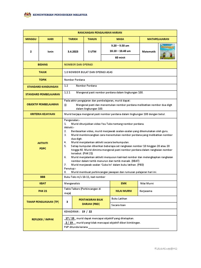 Contoh RPH Matematik Tahun 5 | PDF