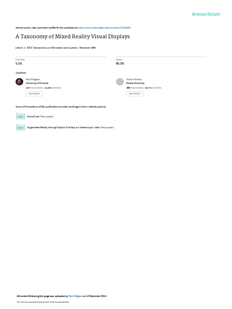 A Taxonomy of Mixed Reality Visual Displays | PDF | Augmented Reality | Virtual Reality