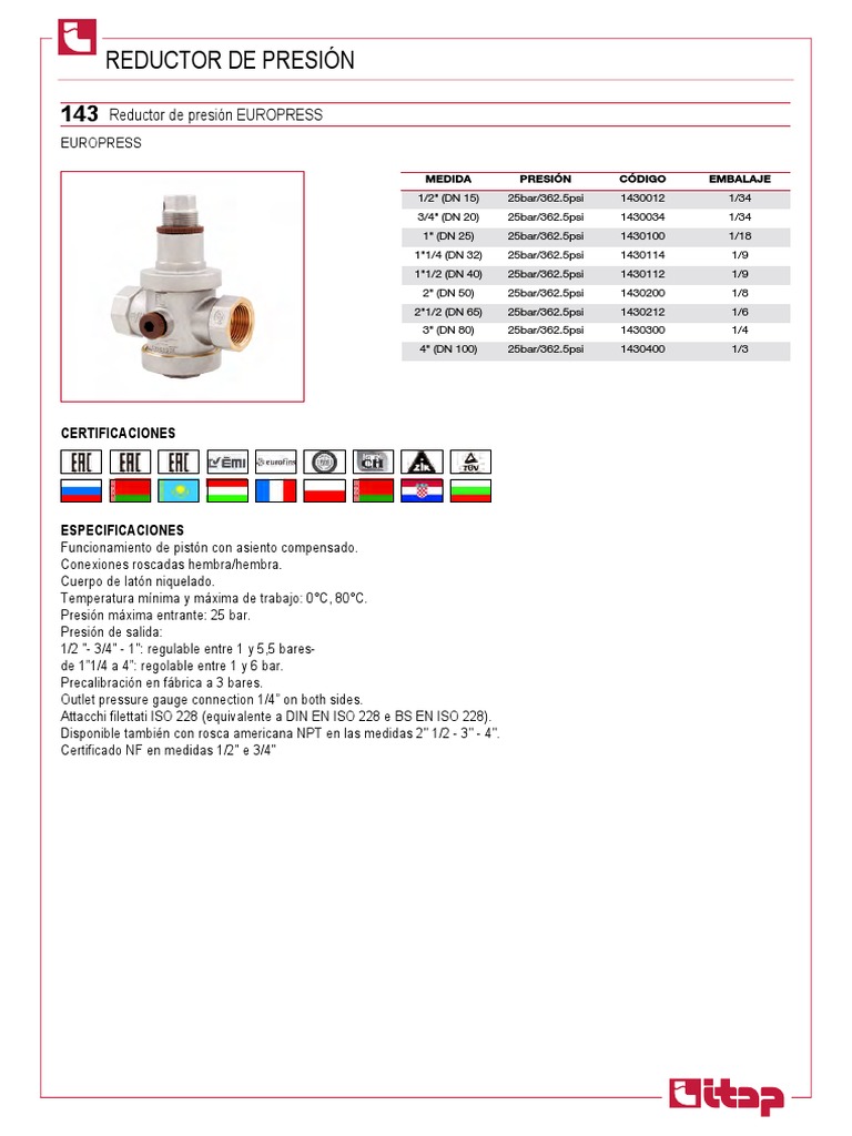 Ficha Tecnica Valvula Reguladora Pesada ITAP | PDF | Presión | Cantidades fisicas