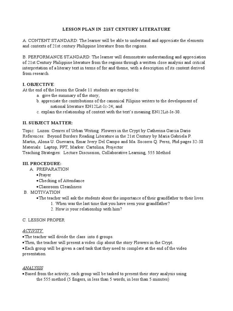 21st Century Philippine Literature Lesson | PDF | Lesson Plan | Cognition