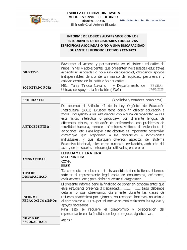 Informe Final de Avances Pedagogicos de Los Estudiantes Con Nee | PDF