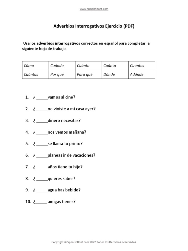 Adverbios Interrogativos Ejercicio | PDF