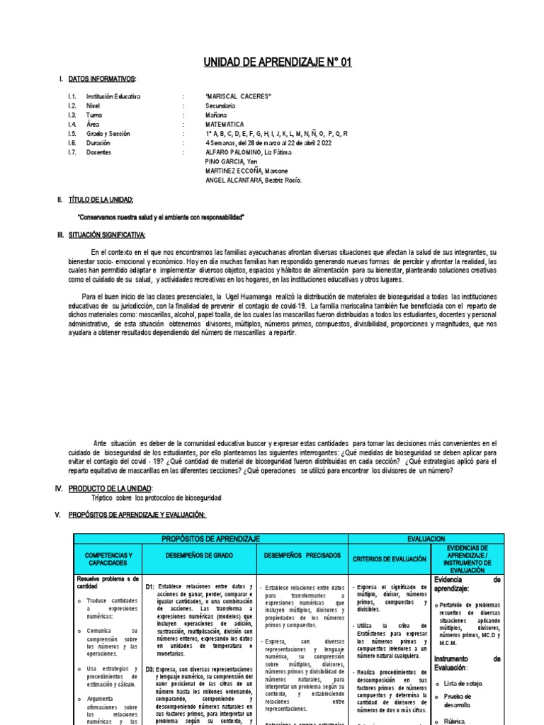 Primera Unidad - 1° 2022 | PDF | Aprendizaje | Número primo