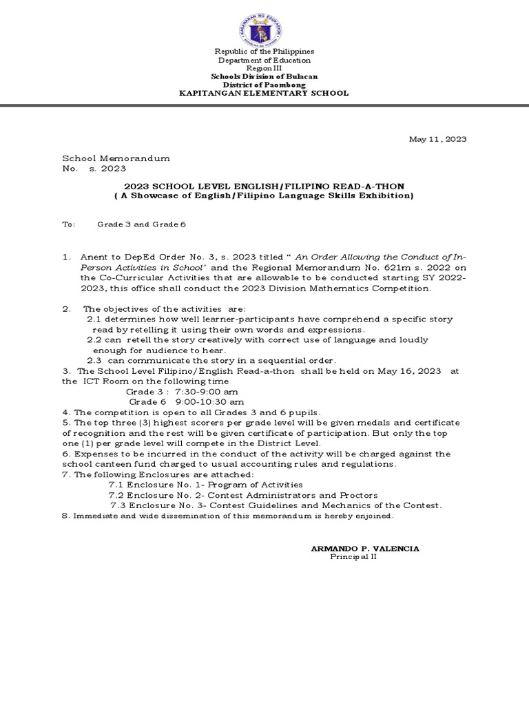 School Memo Reada A Thon | PDF