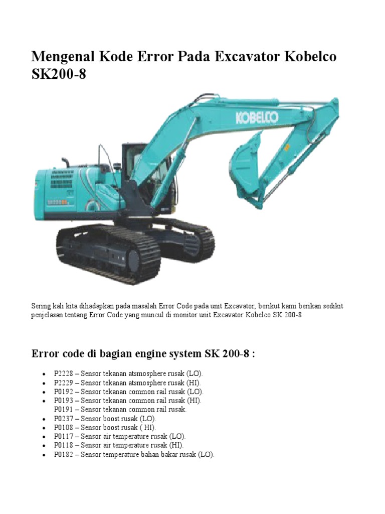 Mengenal Kode Error Pada Excavator Kobelco SK200 | PDF