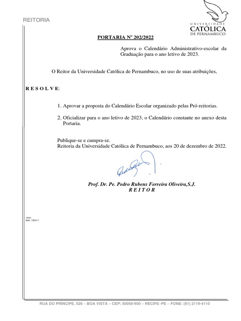 PORTARIA 202-2022 - Aprova o Calendário Administrativo-Escolar Da ...