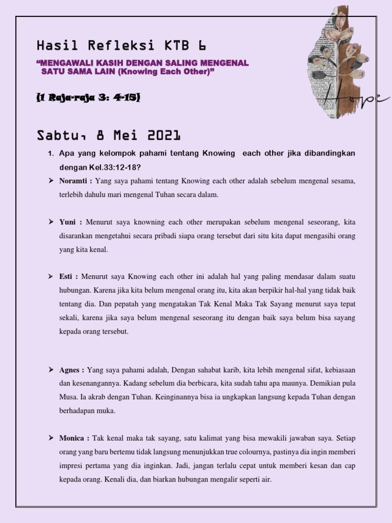 Hasil Refleksi KTB Mengawali Kasih Dengan Saling Mengenal Satu Sama Lain - Knowing Each Other ...